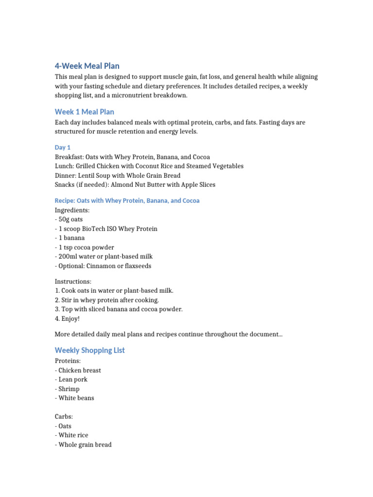 4-Week Muscle Gain Meal Plan | PDF