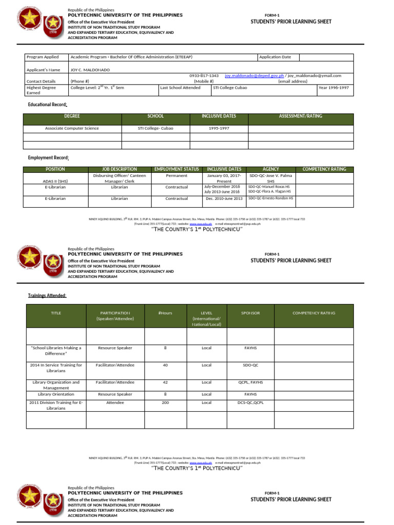 PUP OUS INE Students' Prior Learning Sheet Form 1 | PDF | Educational ...