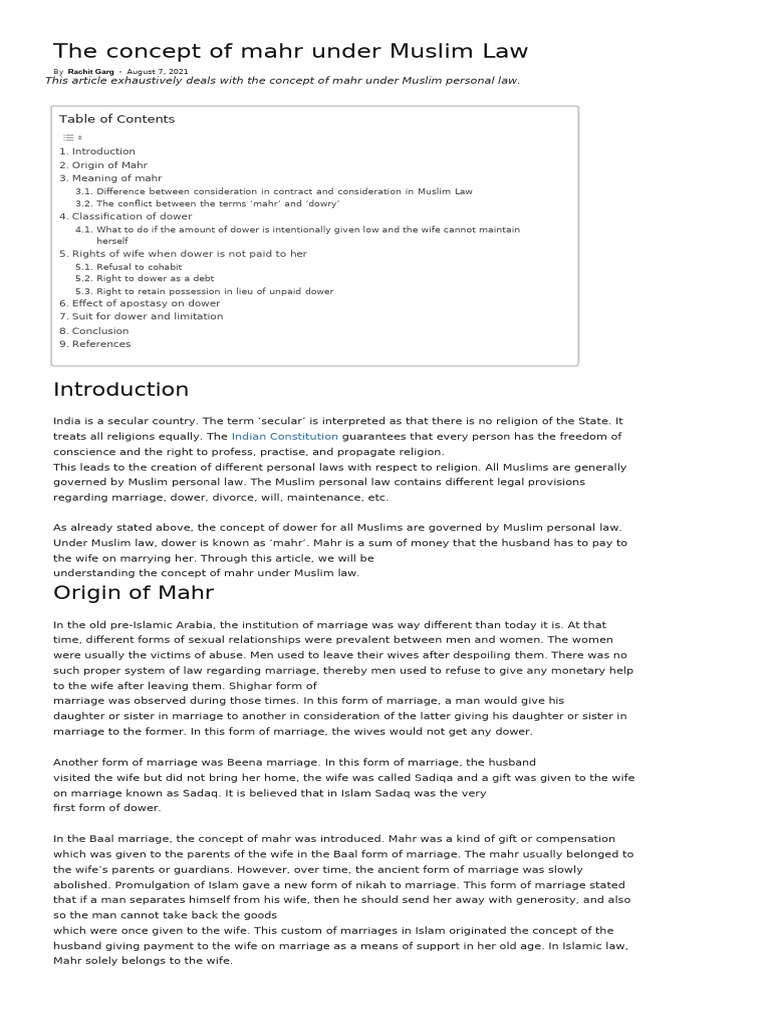 The Concept of Mahr Under Muslim Law - Ipleaders | PDF | Marriage ...