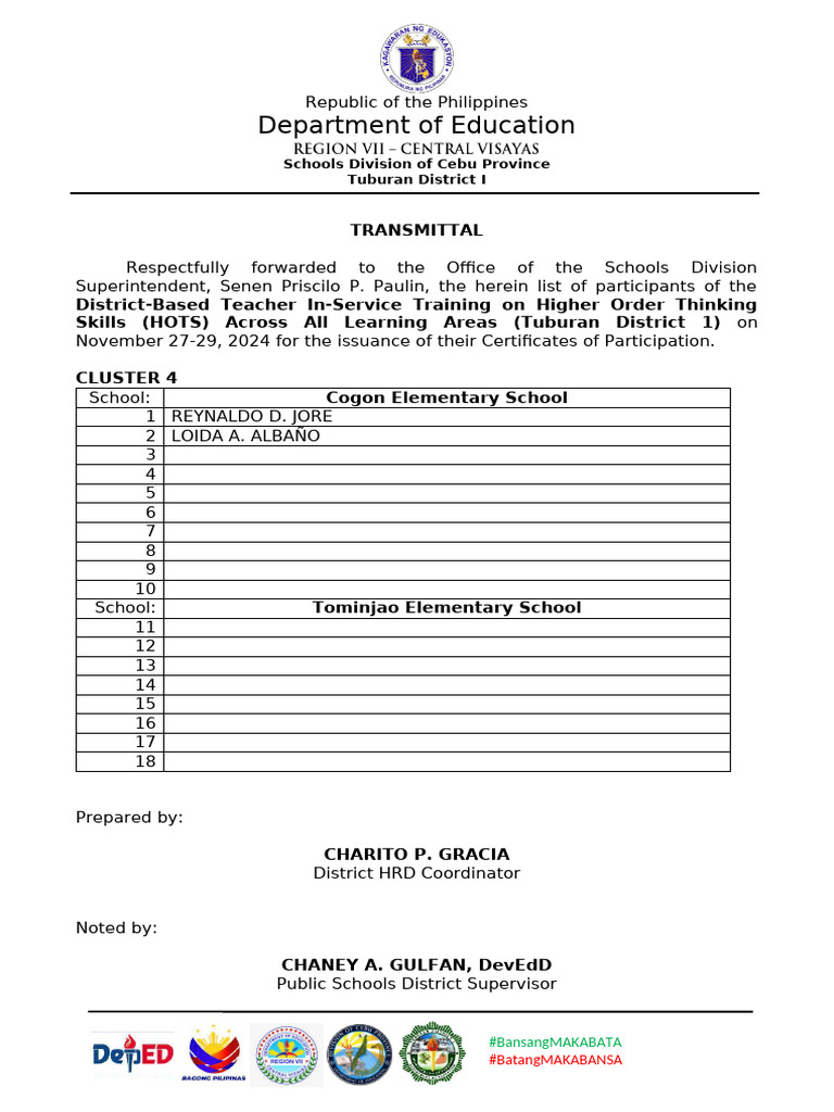 SAMPLE Transmittal For Inset Certificates | PDF