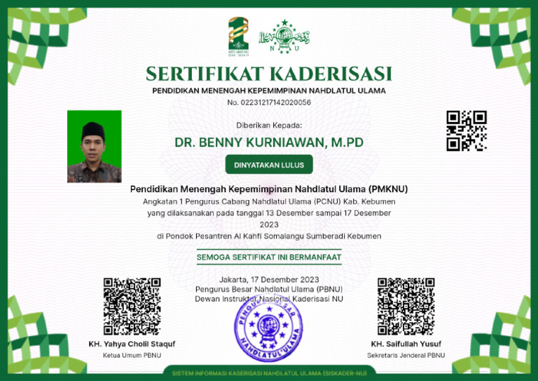 Sertifikat-PMKNU_Dr-Benny-Kurniawan,-MPd | PDF