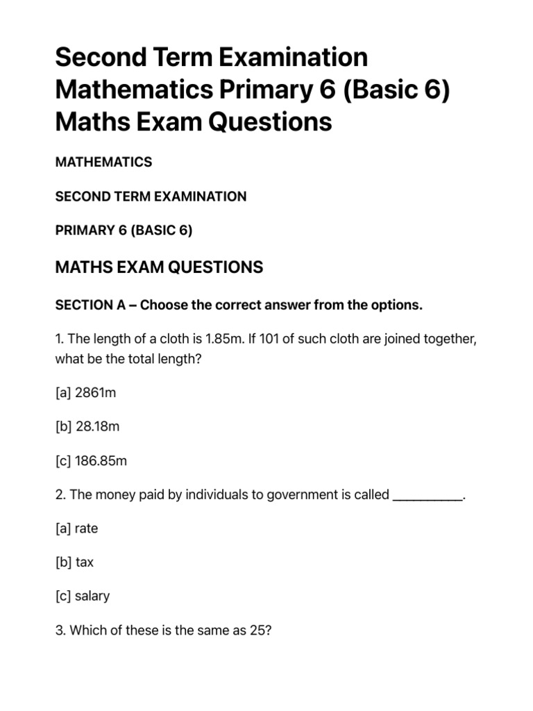 Primary 6 Mathematics Exam Questions | PDF | Area | Elementary Geometry