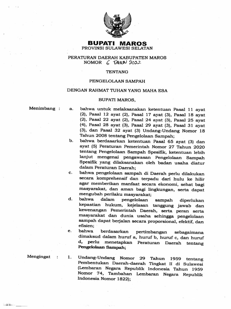 Perda Kab Maros Nomor 6 Tahun 2022 Tentang Pengelolaan Sampah | PDF