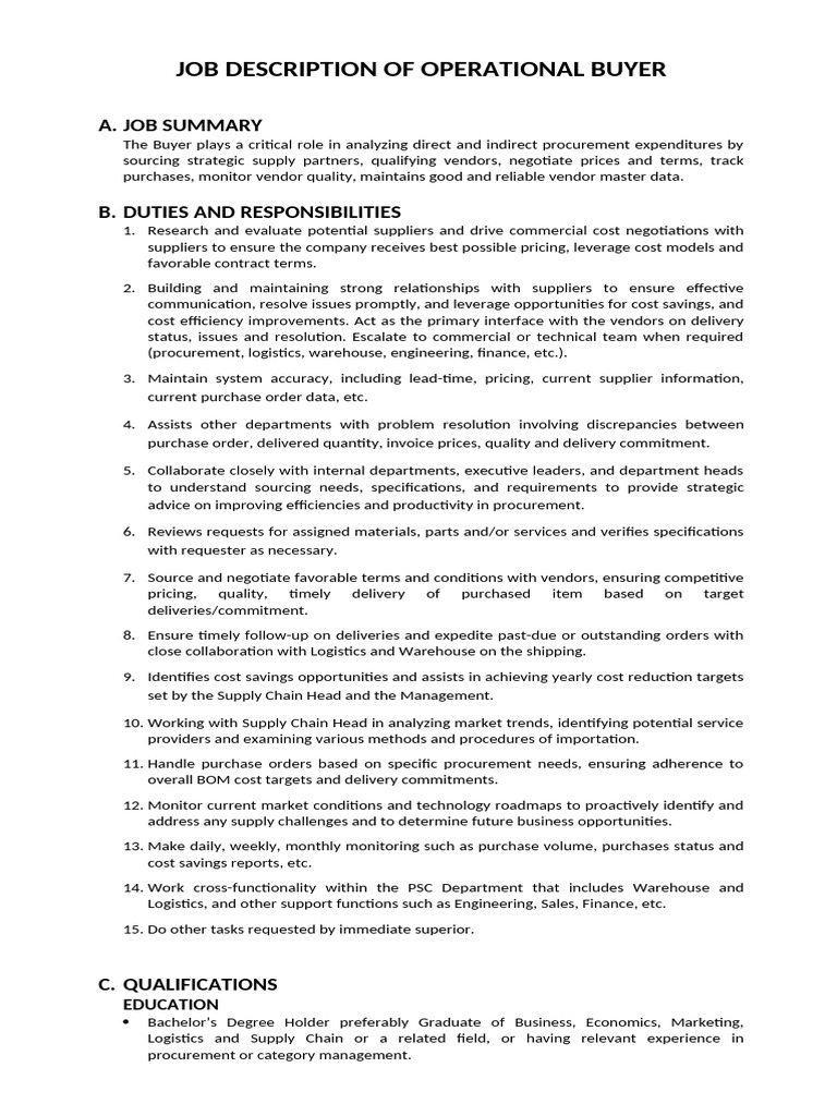 Job Description of Senior Operational Buyer | PDF | Procurement ...