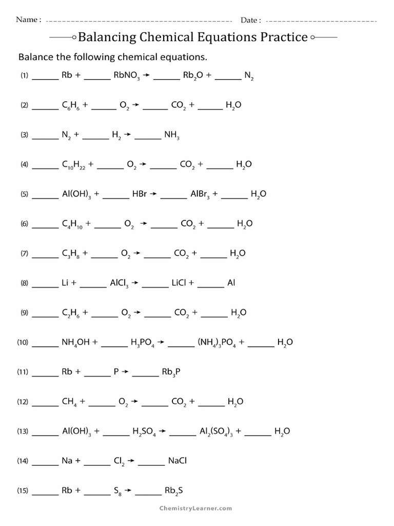 Balancing Chemical Equations Practice Worksheet | PDF