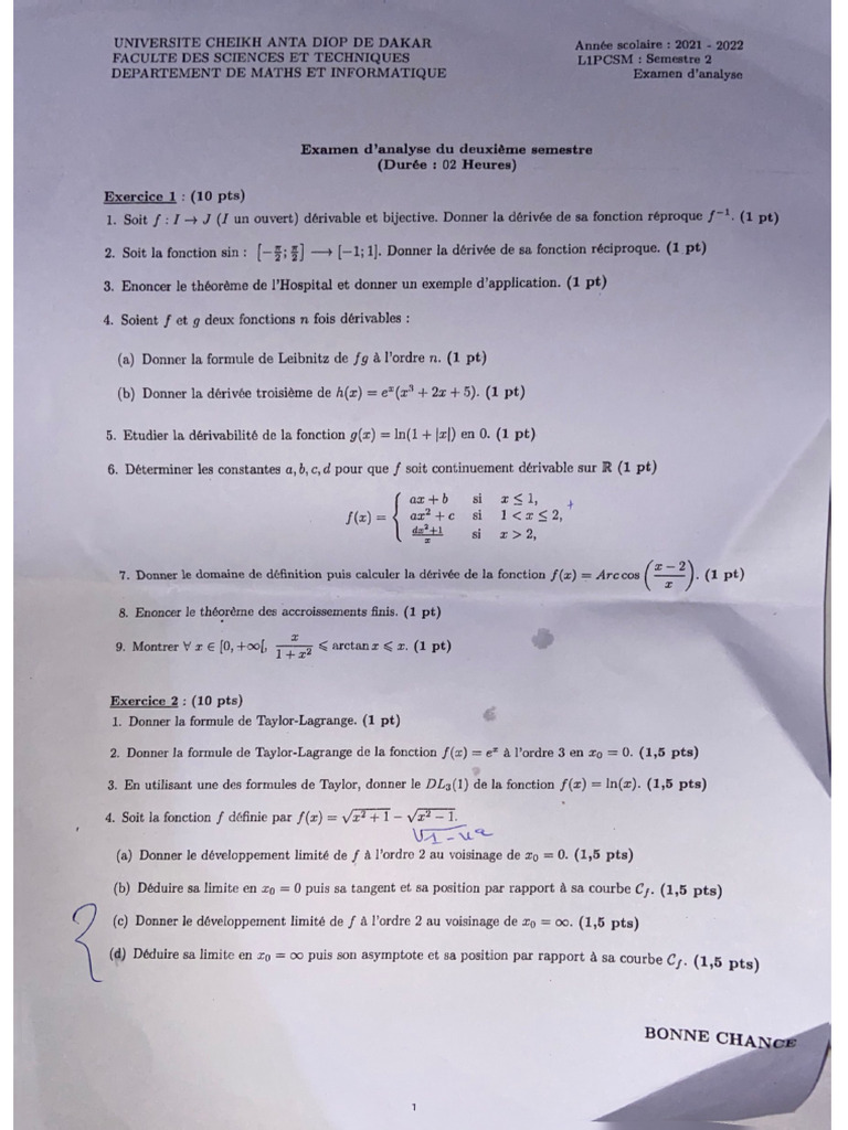Examen Session Normal Optique Atomistique Algèbre Analyse | PDF