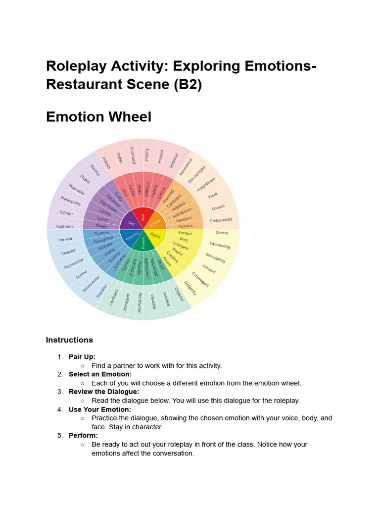Roleplay Activity: Exploring Emotions - Restaurant B2 | PDF