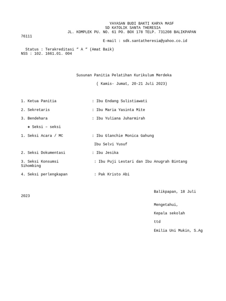 Susunan Panitia Dan Rundown BIMTEK KUMER Benar | PDF