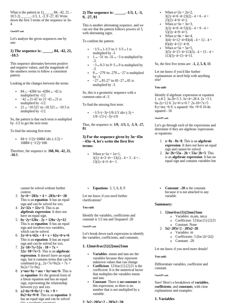 Algebraic Eepression and Equation | PDF | Equations | Variable (Mathematics)