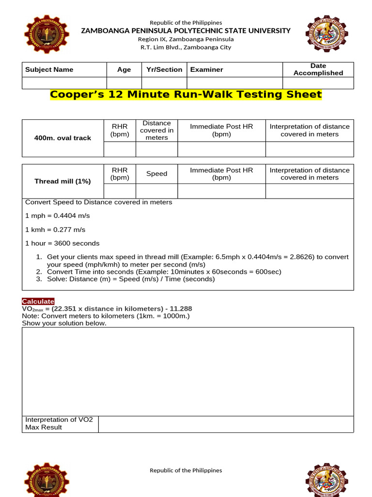 VO2 Max Testing Sheets and Calculations | PDF