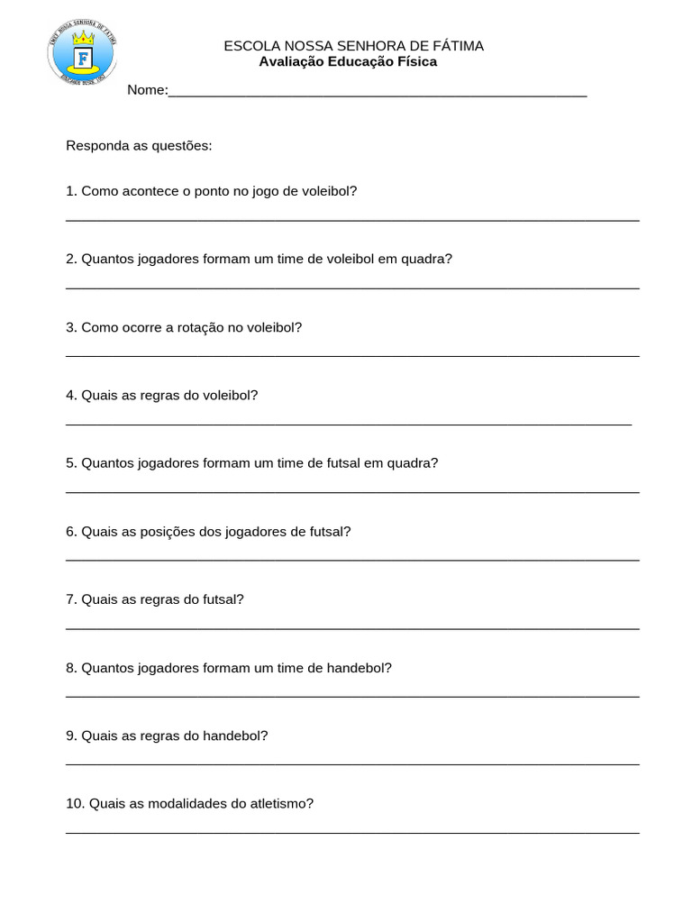 Avaliação de Educação Física: Voleibol, Futsal e Handebol | PDF