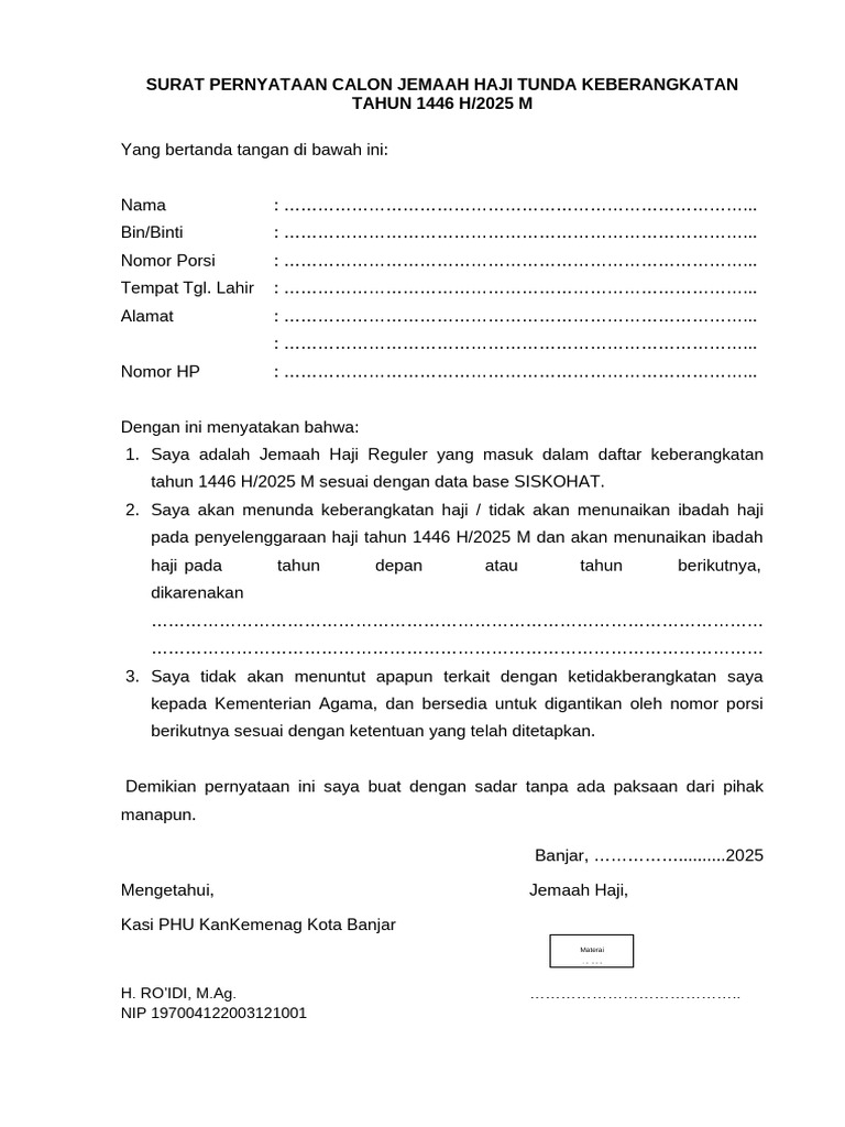 Surat Pernyataan Tunda Berangkat 2025 | PDF