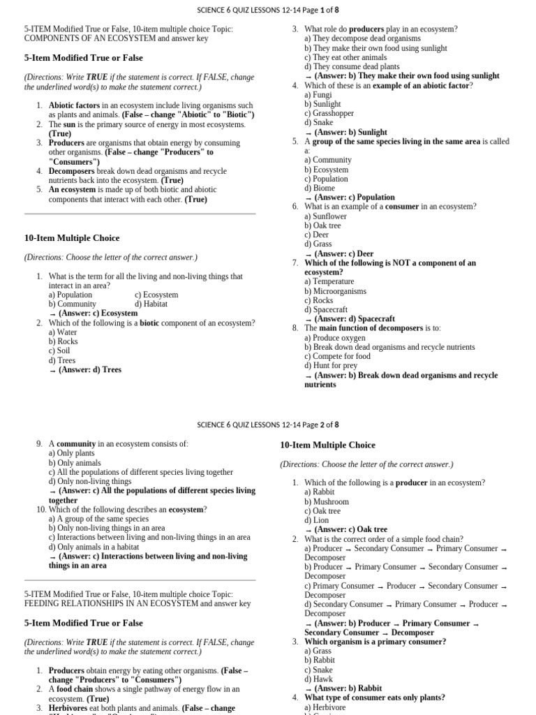 Ecosystem Components and Relationships Quiz | PDF | Herbivore | Spore