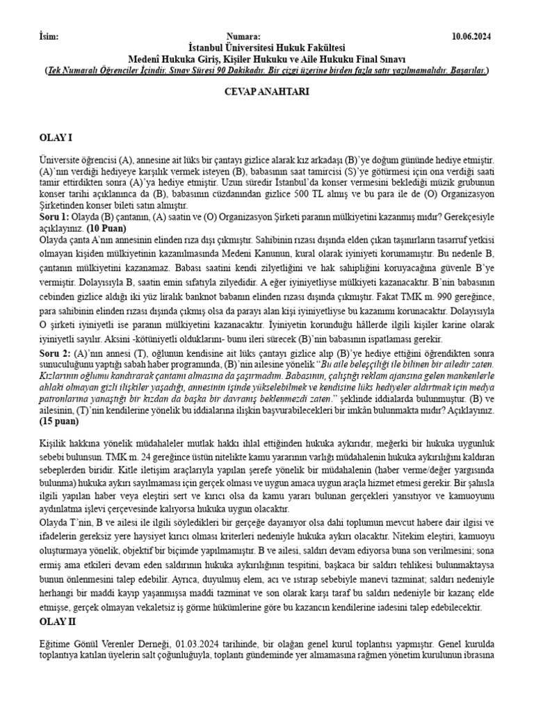 Medeni Hukuk I Final Sinavi Cevap Anahtari Tek Numarali Ogrenciler | PDF