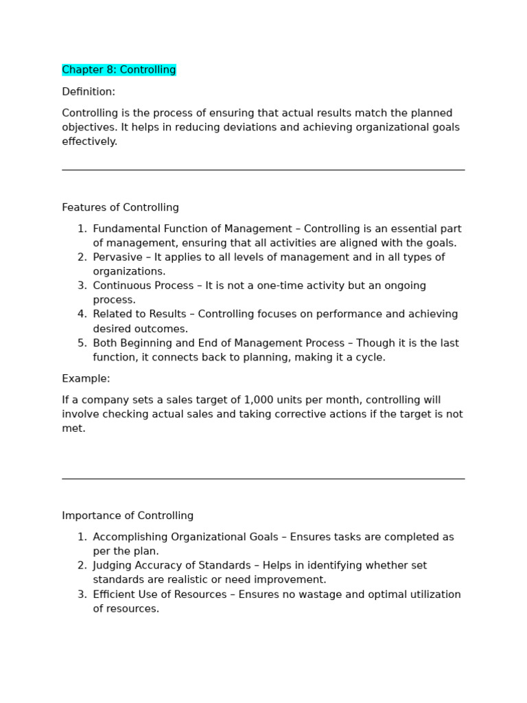 chapter 8 controlling notes by muskan | PDF | Goal | Disciplines