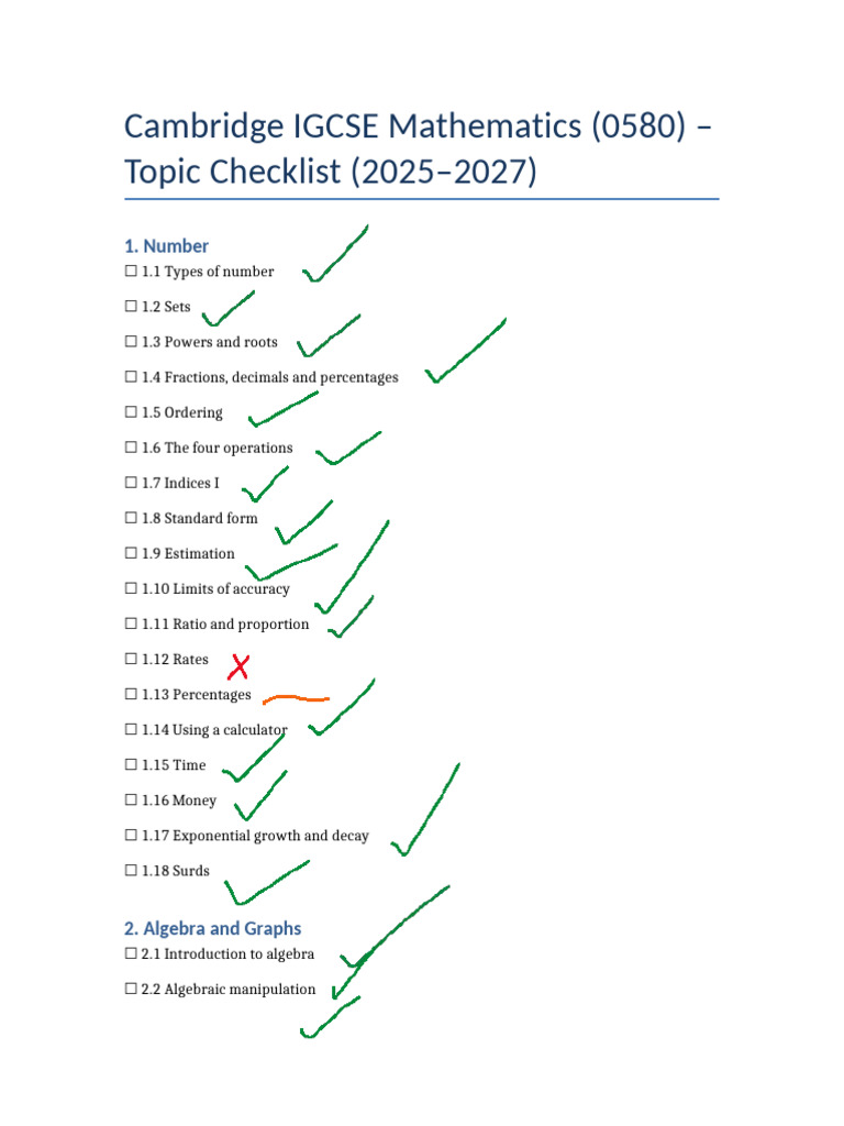 IGCSE Maths 0580 Topic Checklist 2025-2027 | PDF
