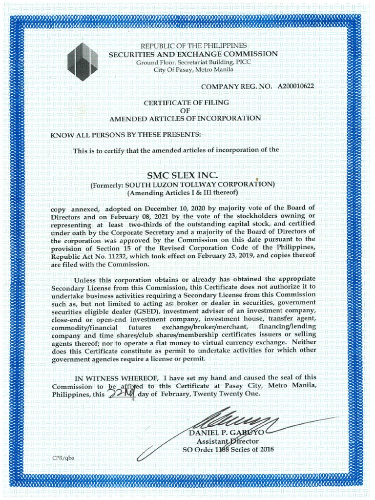 SMC SLEX Inc. Certificate of Filing of Amended Articles of ...