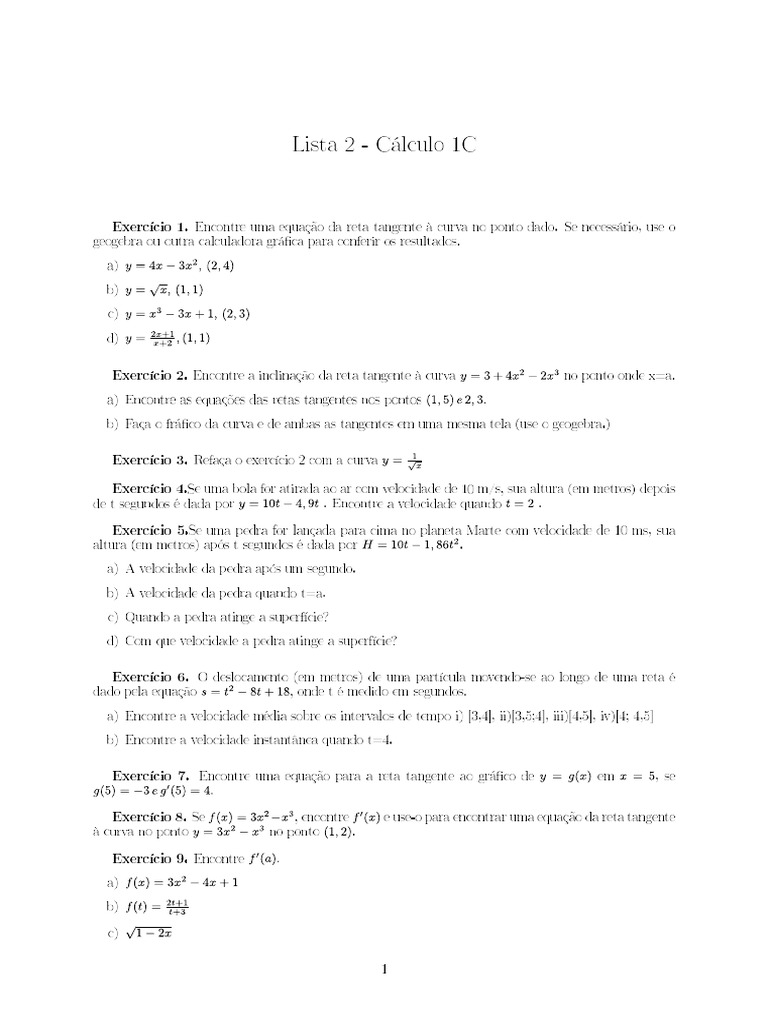 Lista 2 - Calculo 1 C | PDF