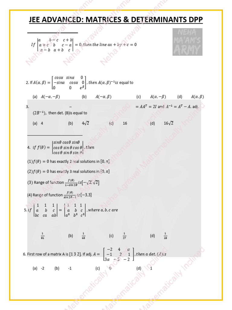 JEE Advanced Matrices & Determinants DPP | PDF | Matrix (Mathematics ...