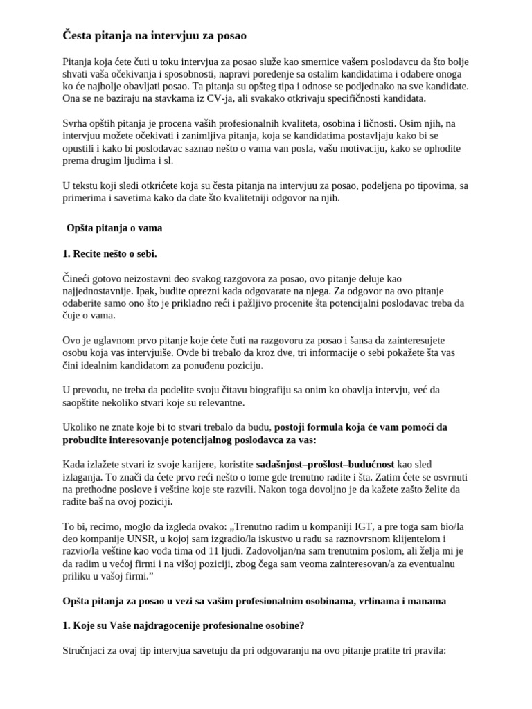 Česta Pitanja Na Intervjuu Za Posao | PDF