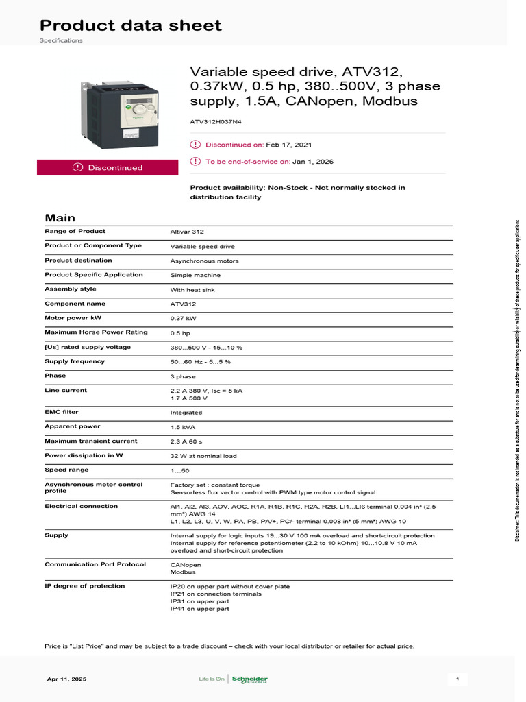 Schneider Electric - Altivar-312-Variable-Frequency-Drives-VFD - ATV312H037N4 | PDF | Physical ...