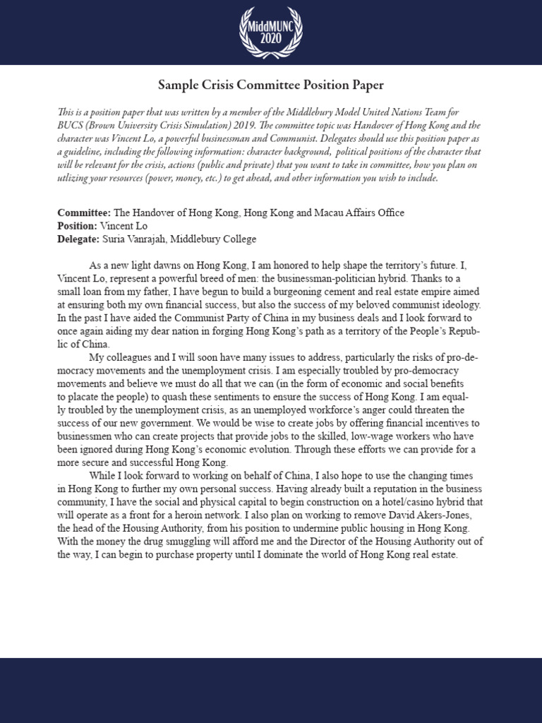 Crisis Committee Position Paper: Vincent Lo | PDF