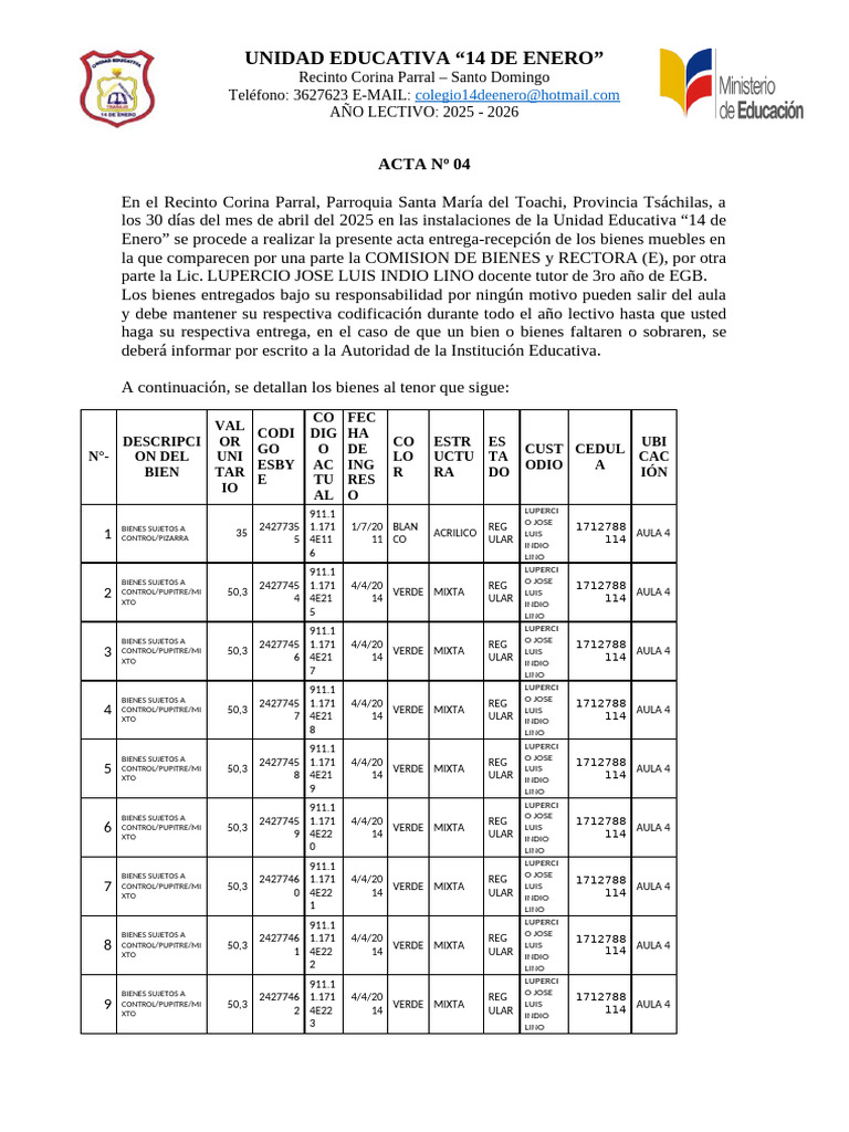 Acta de Devolución 3ro-4to - 1 | PDF