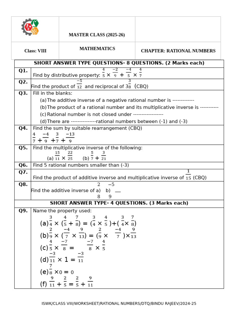 Class 8 Rational Numbers Worksheet | PDF | Mathematical Concepts | Ring ...
