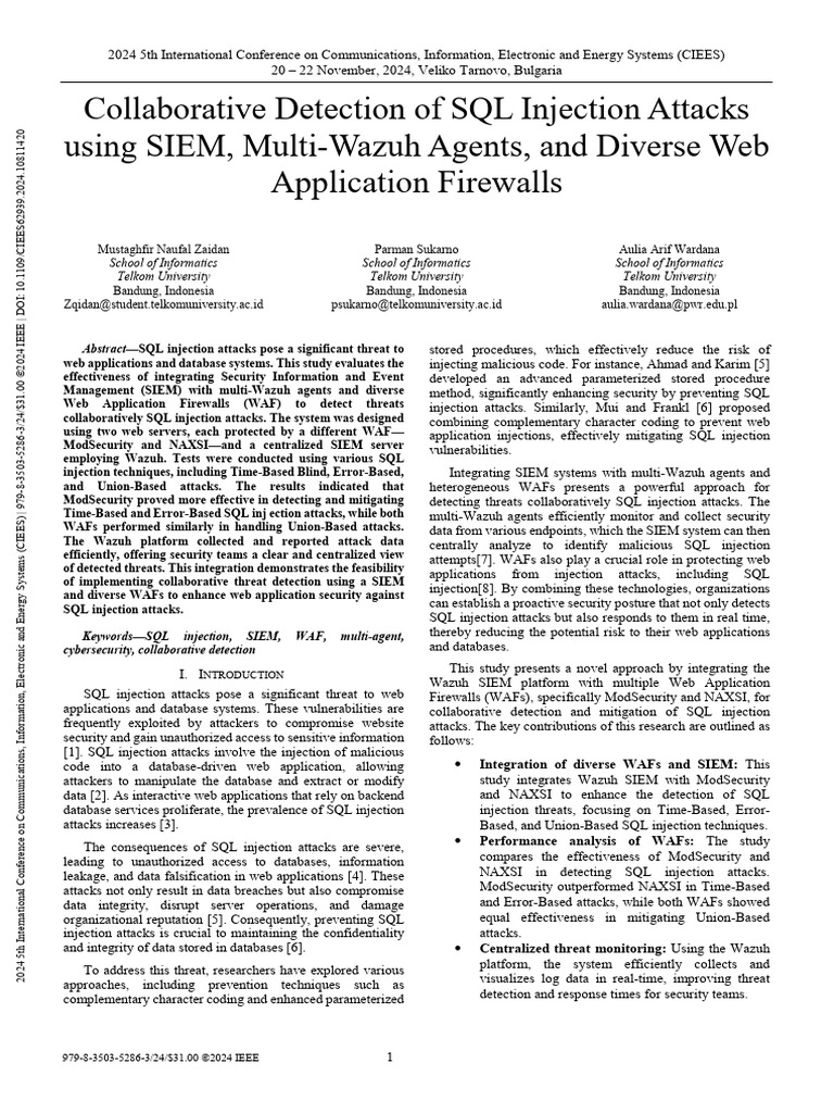 Collaborative Detection Of Sql Injection Attacks Using Siem Multi Wazuh Agents And Diverse Web