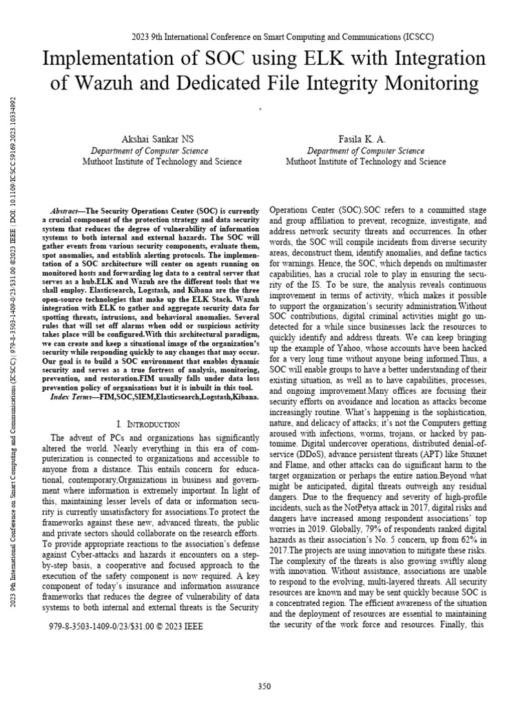 Implementation of SOC Using ELK With Integration of Wazuh and Dedicated File Integrity ...