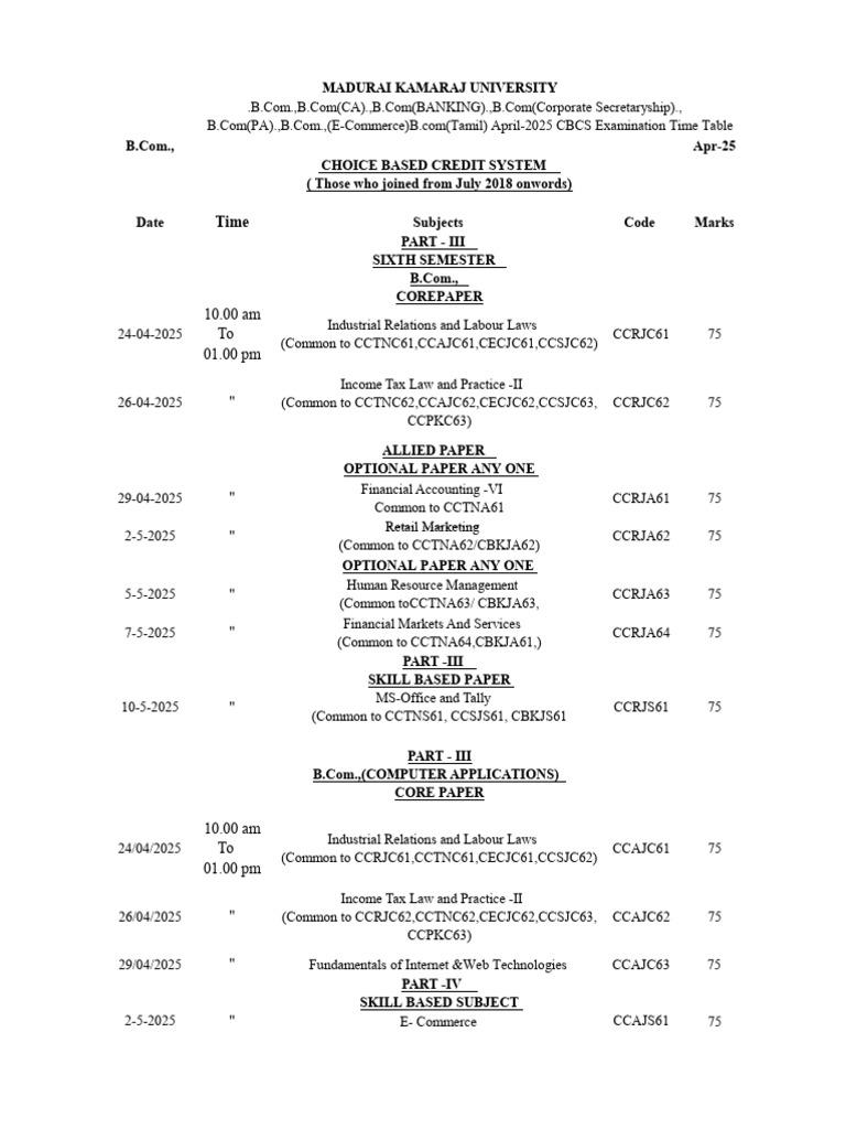 ,apr - 2025 Time Table J Code & Tansche | PDF | Accounting | E Commerce