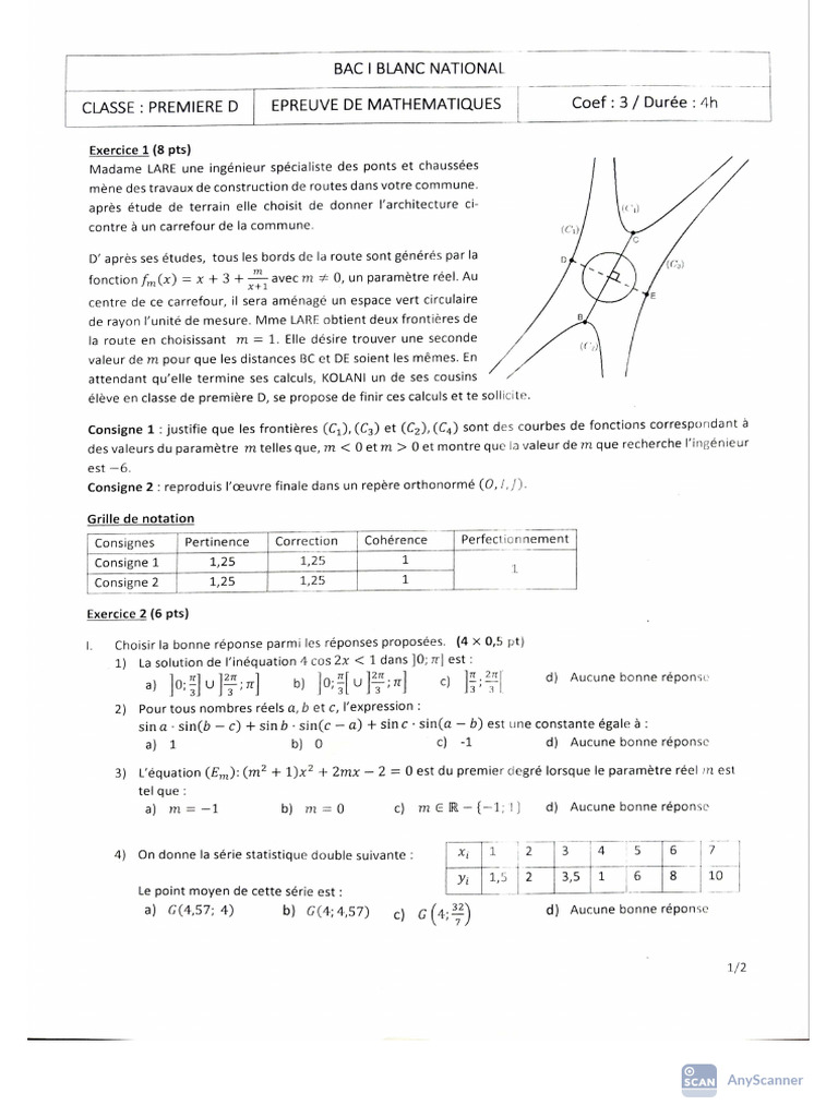 Maths 1D Bac1 Blanc National | PDF