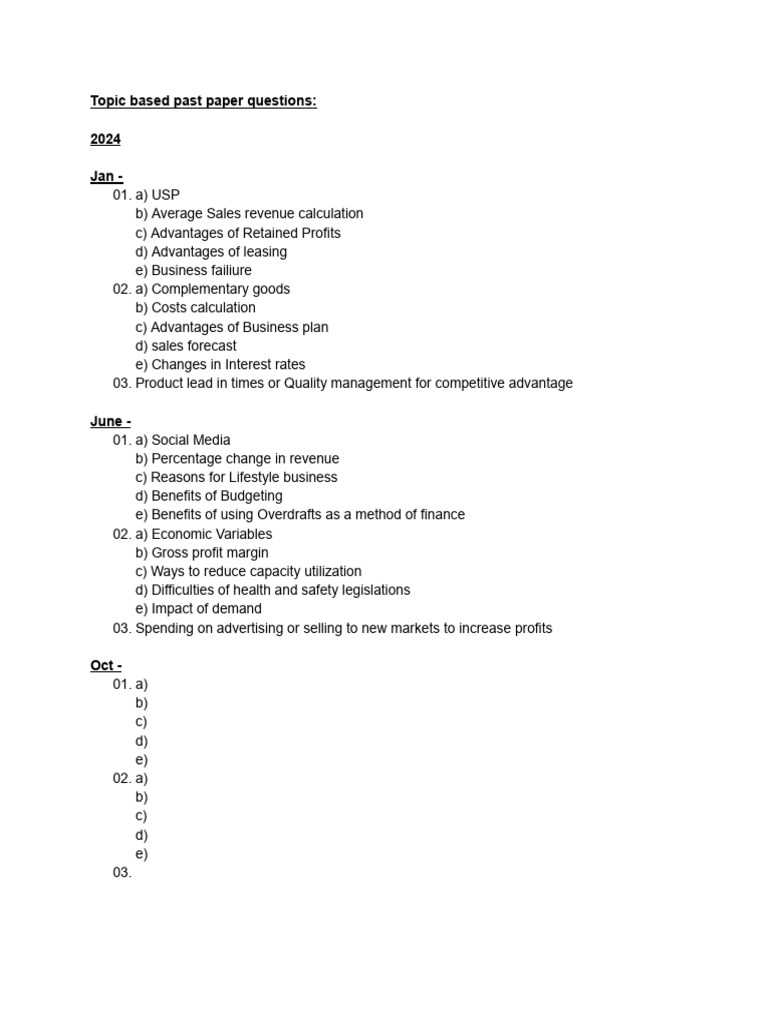 Topic Based Papers Questions | PDF | Business | Profit (Economics)