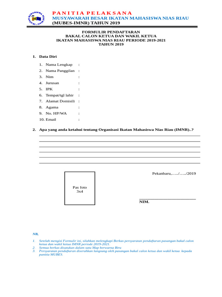 Formulir Pendaftaran Bakal Calon Pengurus PMNR | PDF