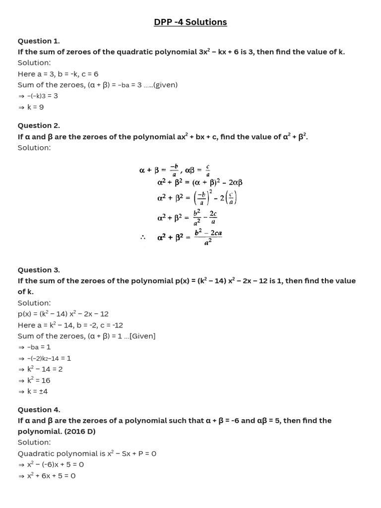 DPP - 4 Solutions | PDF | Zero Of A Function | Polynomial