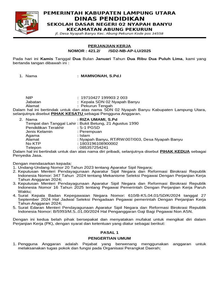 Surat Perjanjian Kerja Riza Umami | PDF