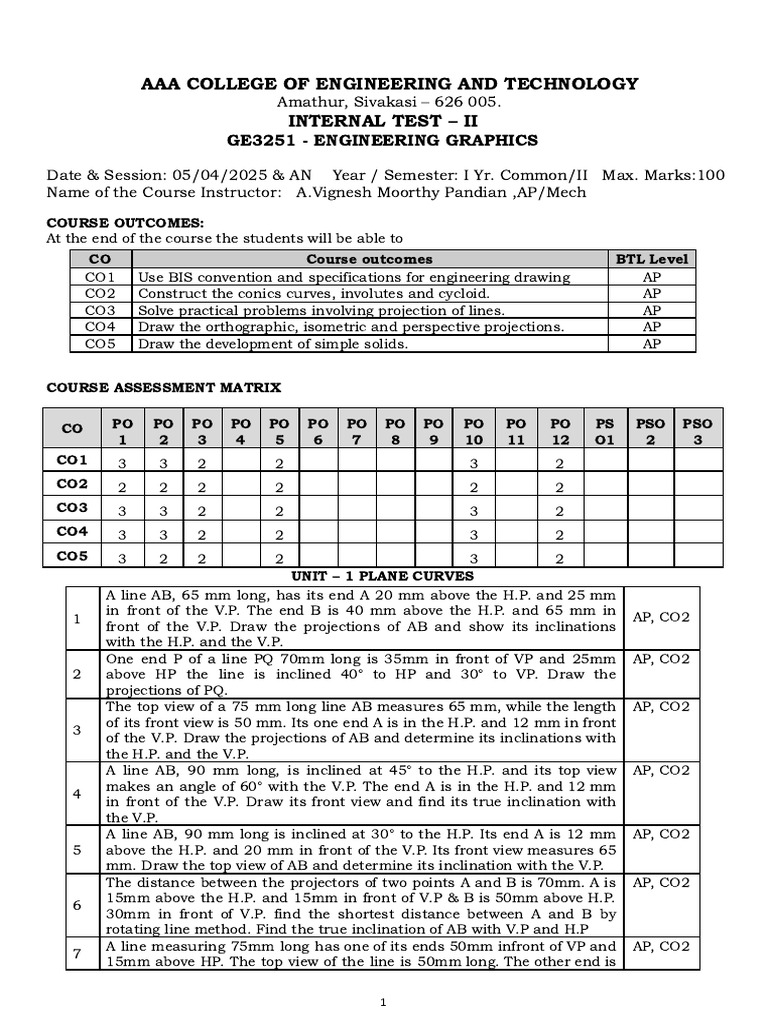 I - Common - GE3251 - Int 2 - QB 2025 | PDF | Analytic Geometry | Classical Geometry