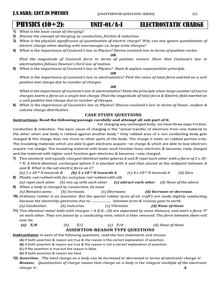 Chapterwise Questions on Electrostatics | PDF | Potential Energy ...