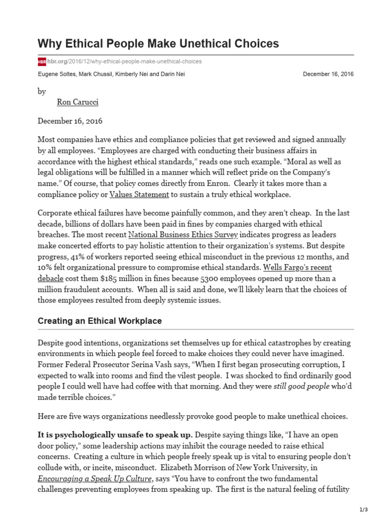 Why Ethical People Make Unethical Choices | PDF | Business Ethics