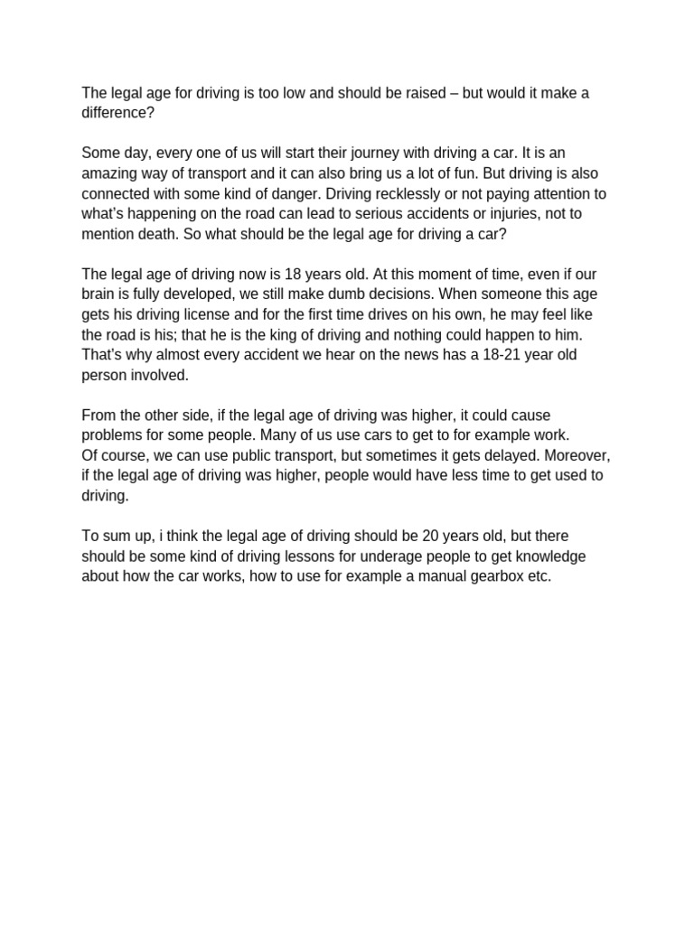 The Legal Age of Driving. A For and Against Essay | PDF