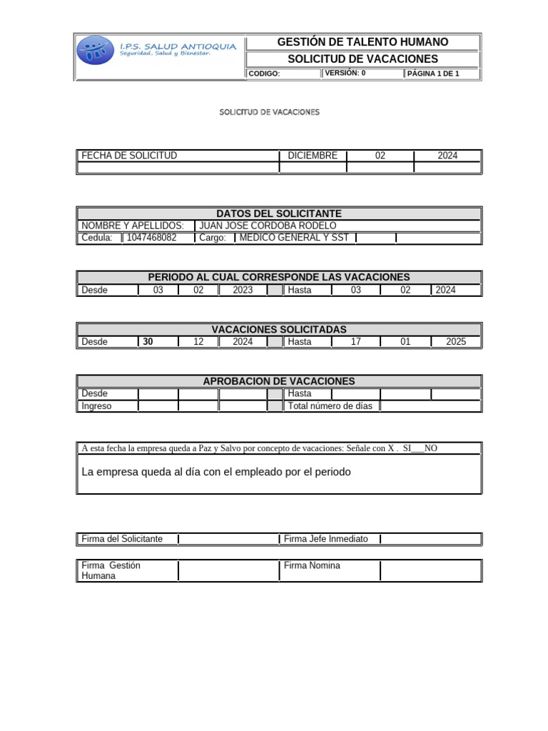 Formato Vacaciones | PDF