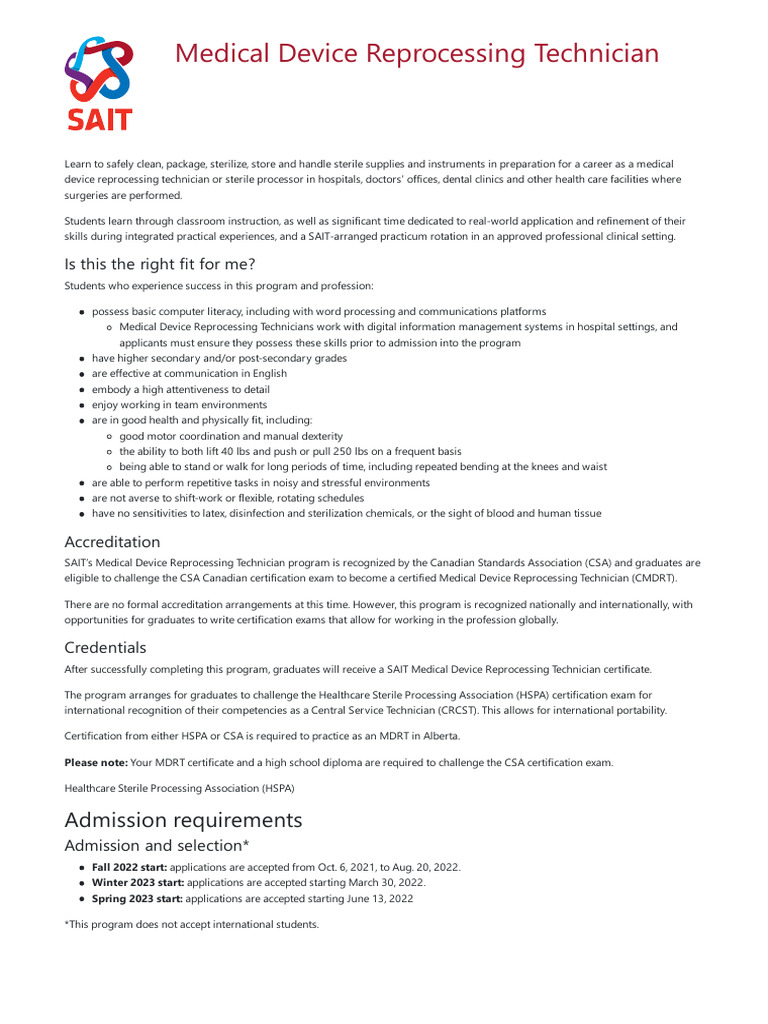 Medical Device Reprocessing Technician | PDF | University And College ...