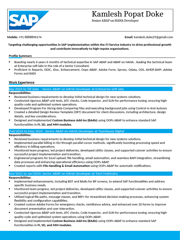 Kamlesh SAP ABAP HANA 6.6 years Resume | PDF | Computing | Information Technology