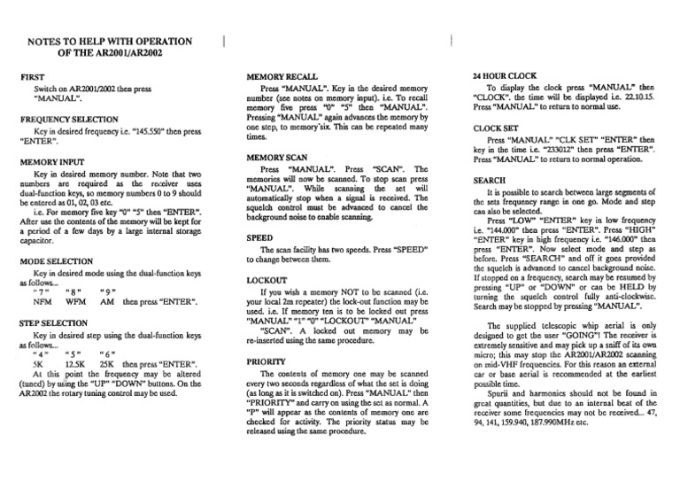 AR2001, AR2002 Operating Manual Quick Reference Sheet - 20012 | PDF