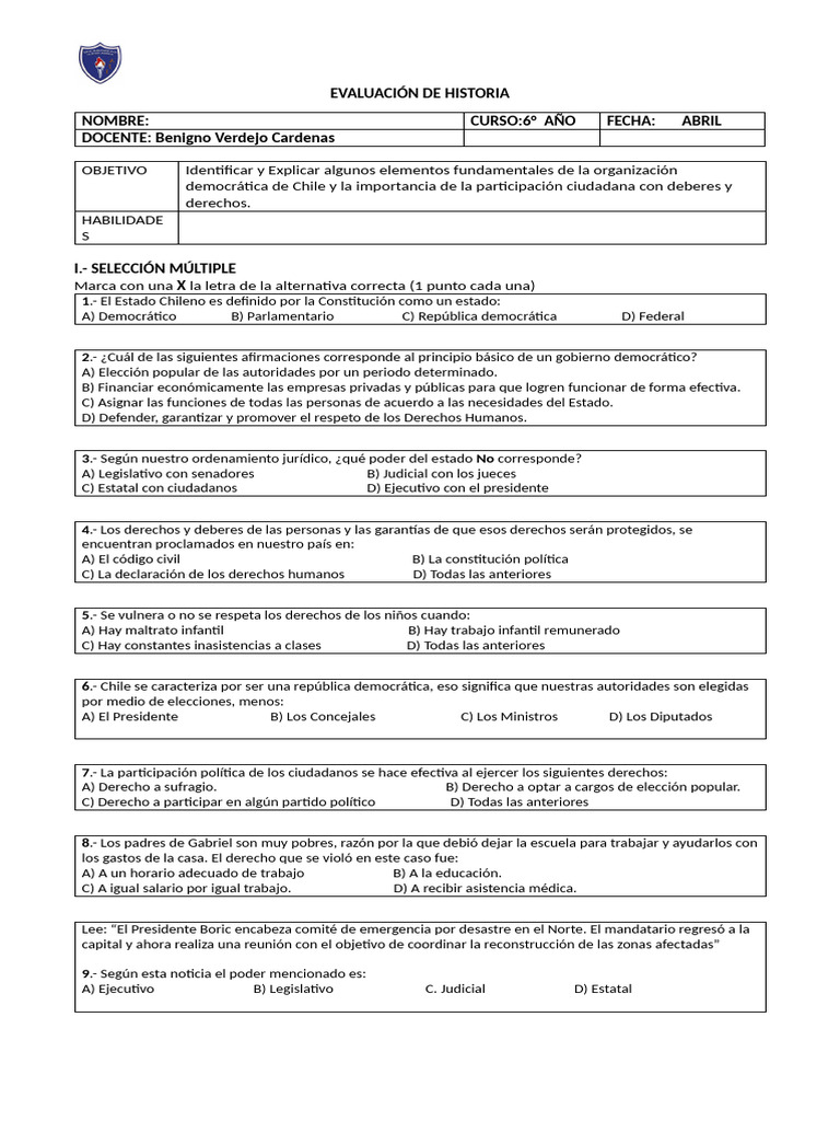 Eval Hist 6° Deberes Derechos Aji | PDF | Democracia | Ideologías políticas