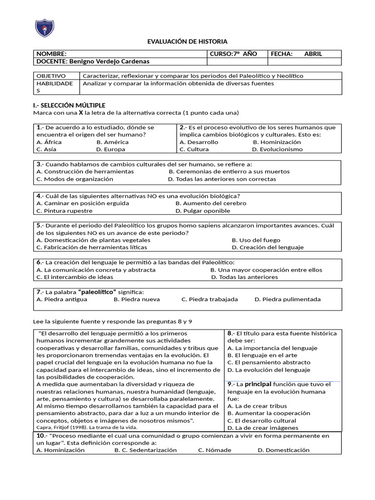 Eval Hist 7° Paleo-Neoli Aji | PDF | Humano | Neolítico