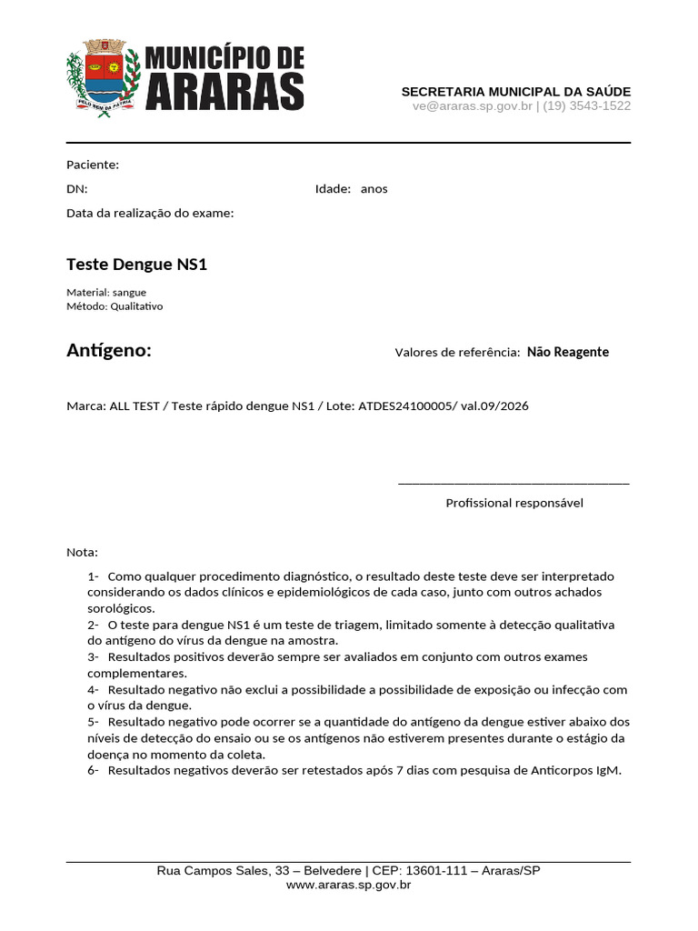 Modelo Laudo NS1 Dengue | PDF