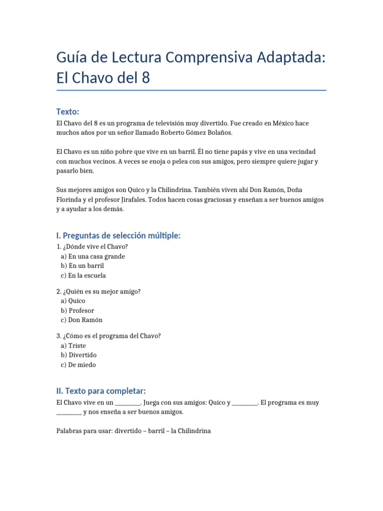Lectura Comprensiva Adaptada El Chavo Del 8 | PDF