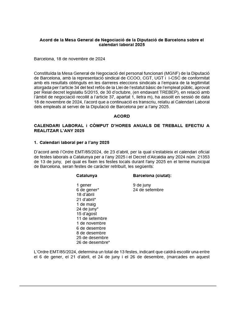 Acord Calendari 2025 | PDF