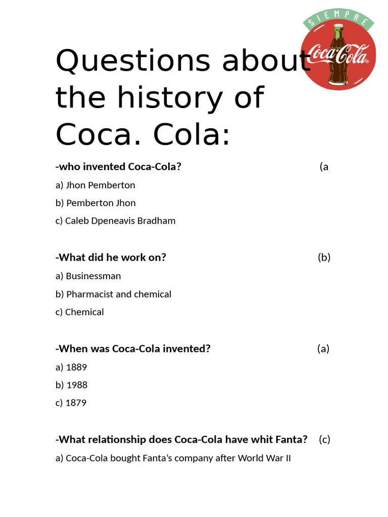 Coca-Cola History Quiz Questions | PDF